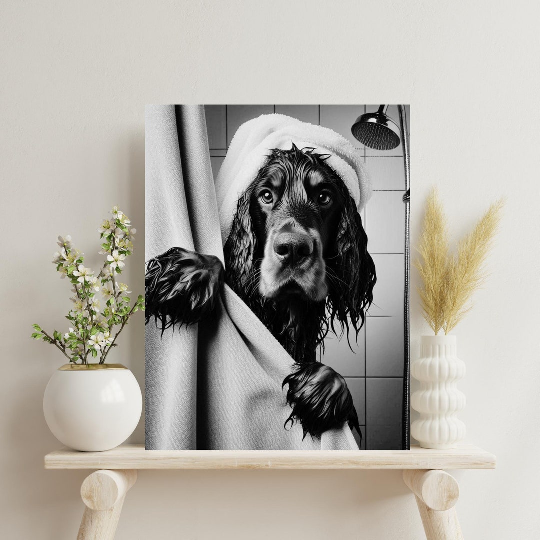 Gordon Setter Dog Bathroom Wall Art | Dog Peeking Out of Shower Curtain ...