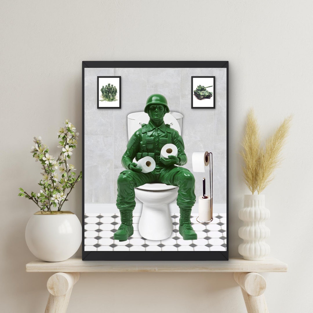Green Army Men Bathroom Wall Art, Soldier Sitting on Toilet Holding ...