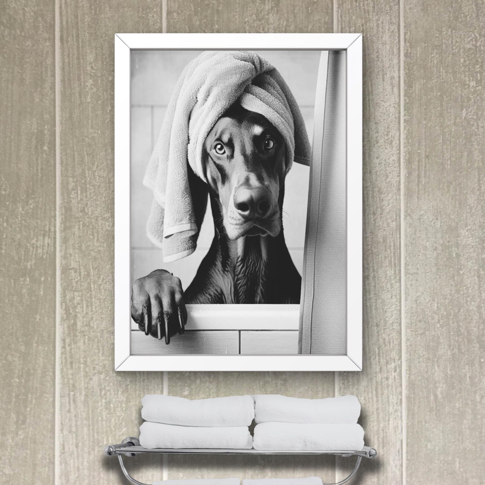 Doberman Pinscher Dog Bathroom Wall Art | Dog Peeking Out of Shower ...
