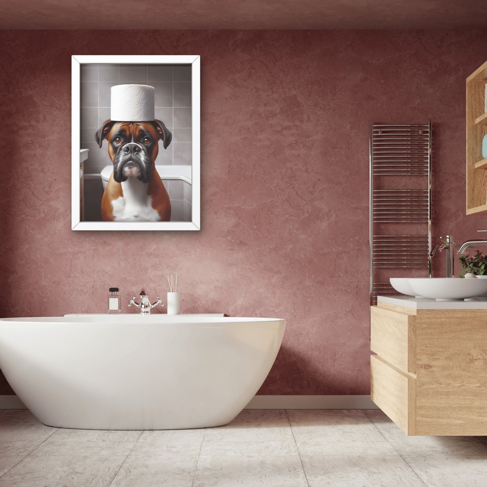 Boxer Dog Bathroom Wall Art, Dog With Toilet Paper on Head Wall Decor ...