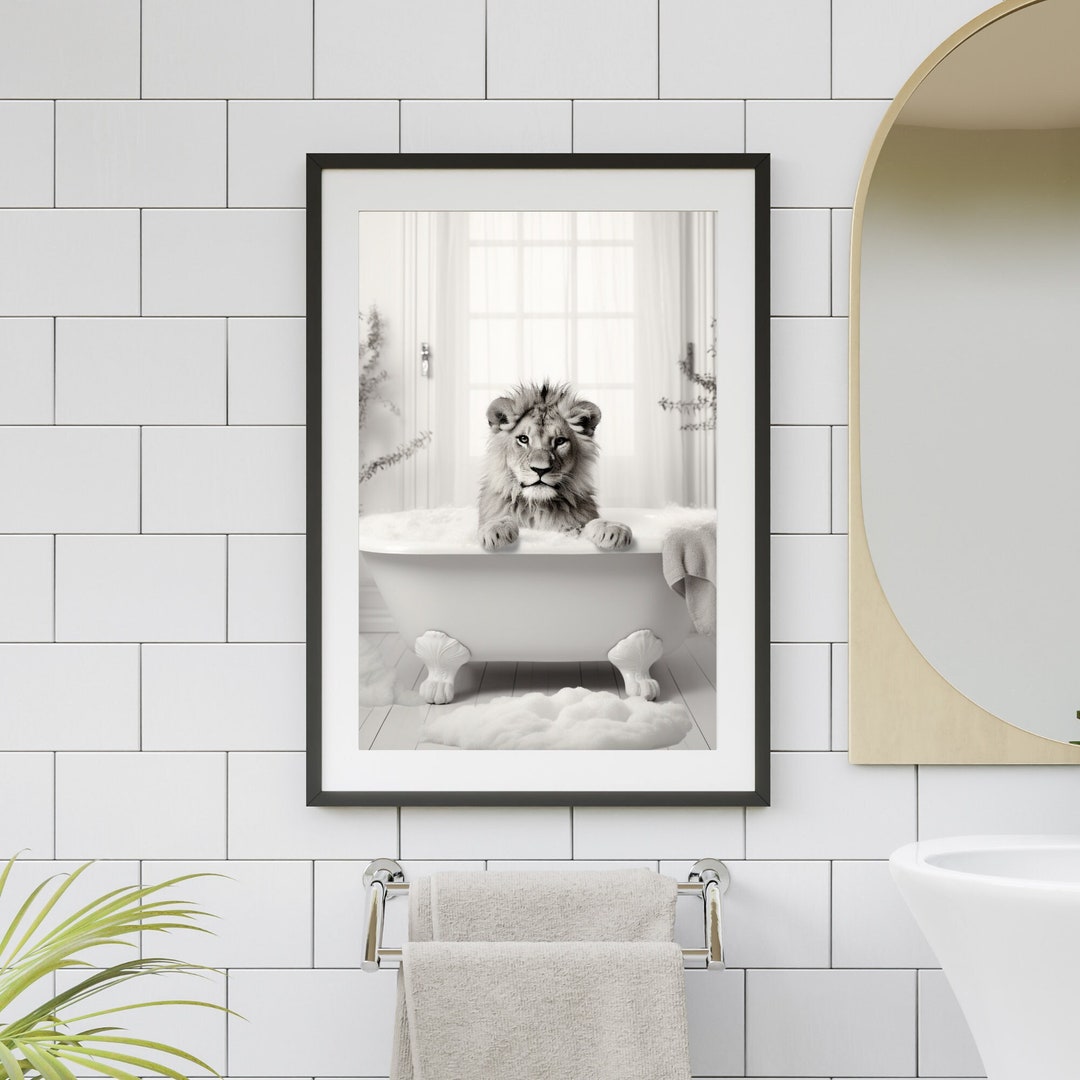 Lion in Tub Printable Wall Art Lion Taking a Bath in Tub Photo Lion ...