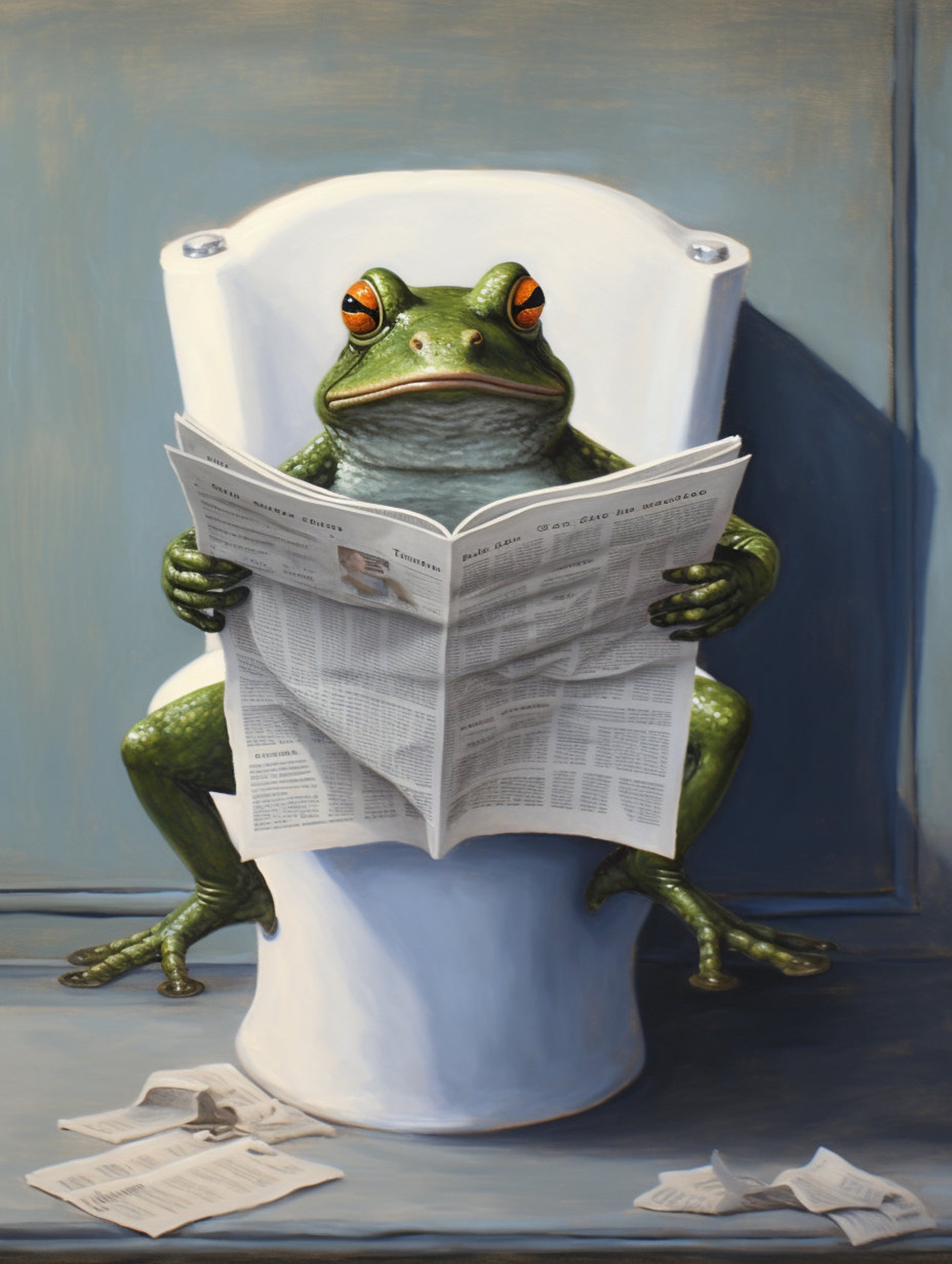 Frog on Toilet Printable Wall Art Frog Reading Paper Frog in Bathroom ...