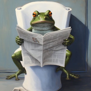 Frog on Toilet Printable Wall Art | Frog Reading Paper | Frog in ...