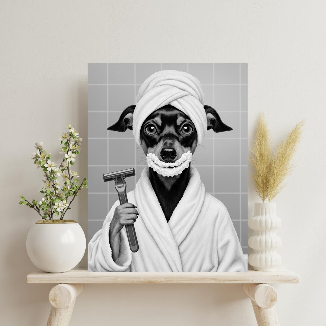 Miniature Pinscher Dog Bathroom Wall Art, Dog Shaving With Razor Print ...