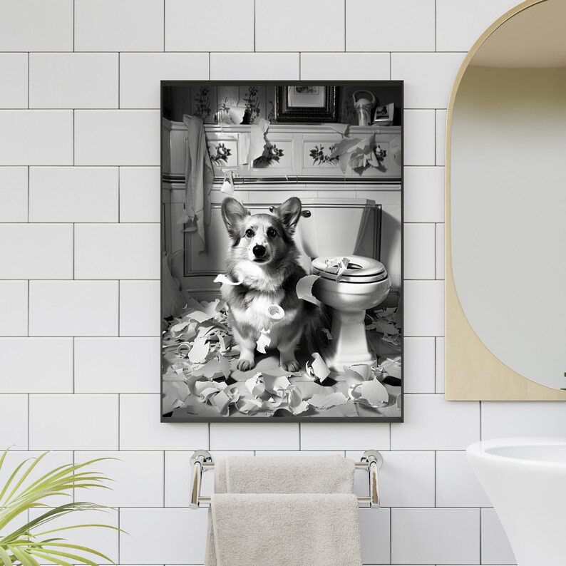 Bad Dog Pembroke Welsh Corgi Bathroom Wall Art, Corgi With Toilet Paper ...