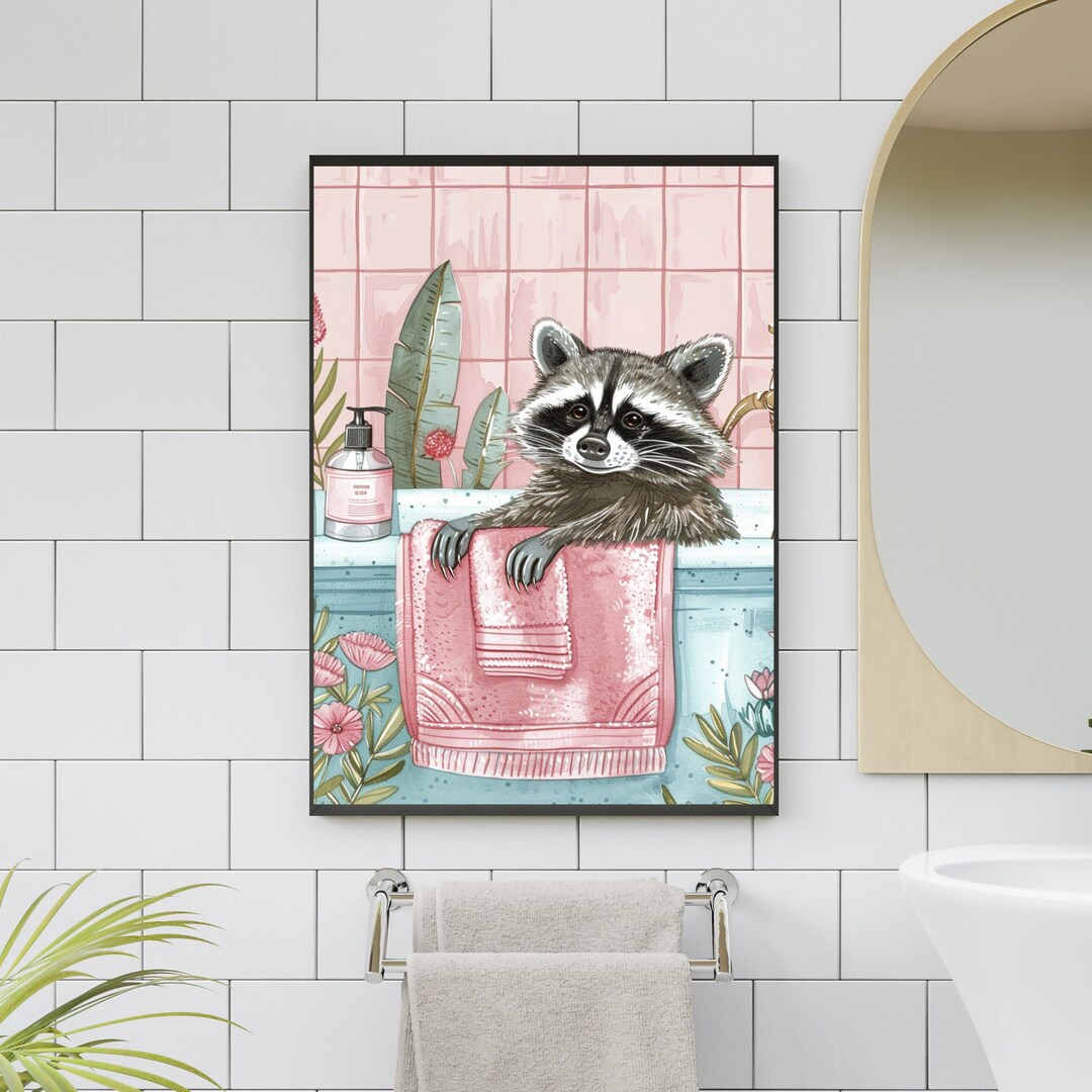 Raccoon in Bathtub Printable Wall Art, Raccoon Taking a Bath in Tub ...