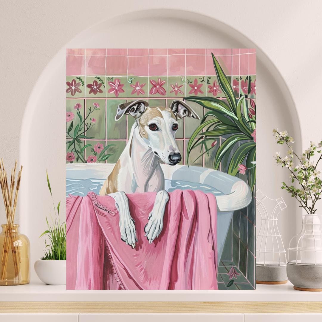 Greyhound in Bathtub Art Print: Whimsical Bathroom Decor (digital ...