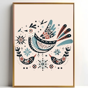 Scandinavian Folk Art, Nordic Bird and Flowers, Scandinavian Print ...