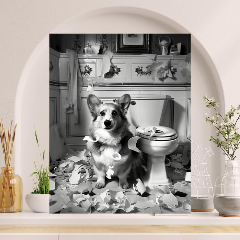 Bad Dog Pembroke Welsh Corgi Bathroom Wall Art, Corgi With Toilet Paper ...