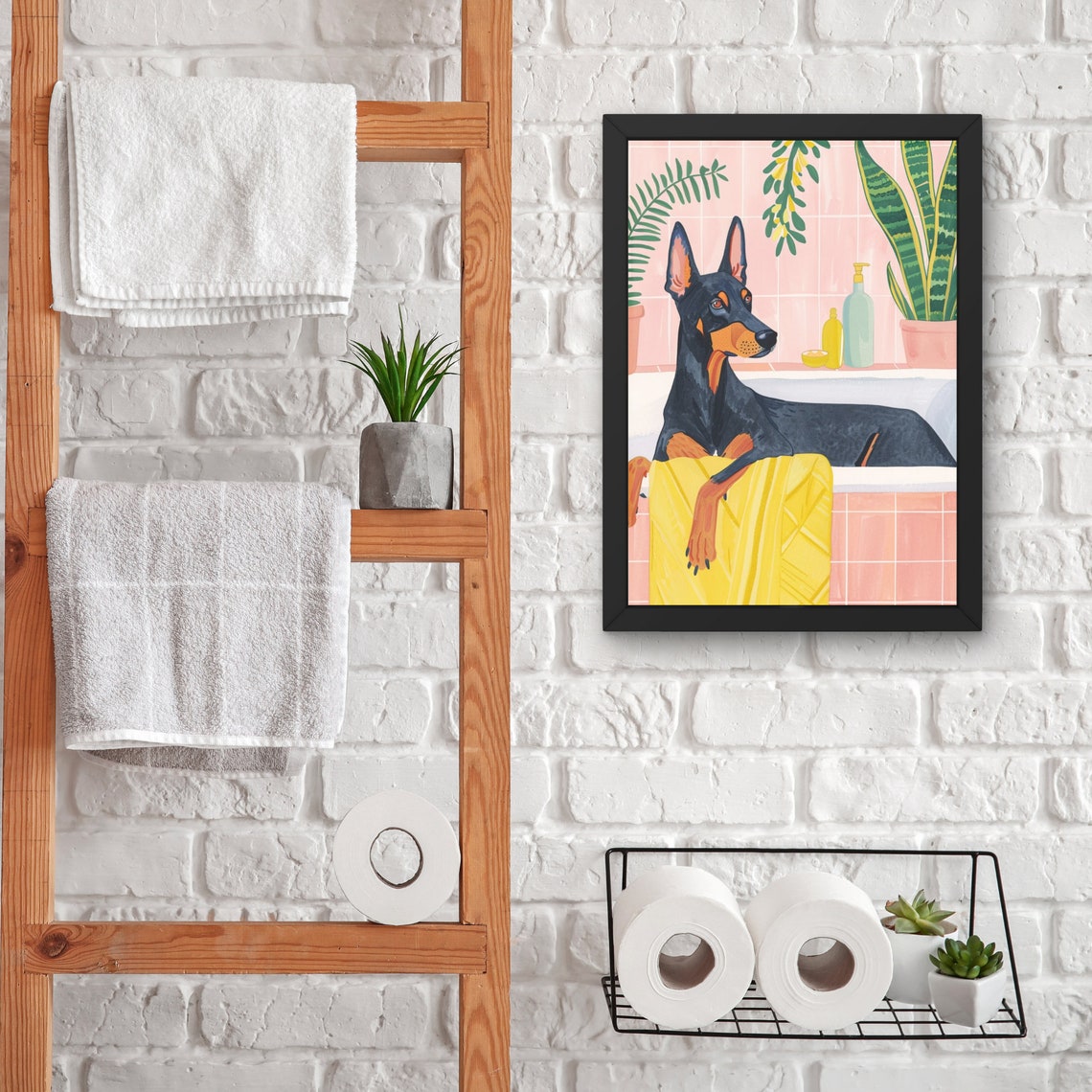 Doberman Pinscher Dog in Bathtub Printable Wall Art | Dobie Taking a ...