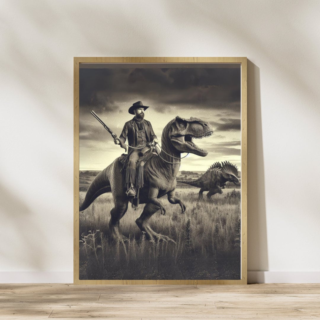 Vintage Western Cowboy Riding Dinosaur Print - Home Decor, Nursery, or ...
