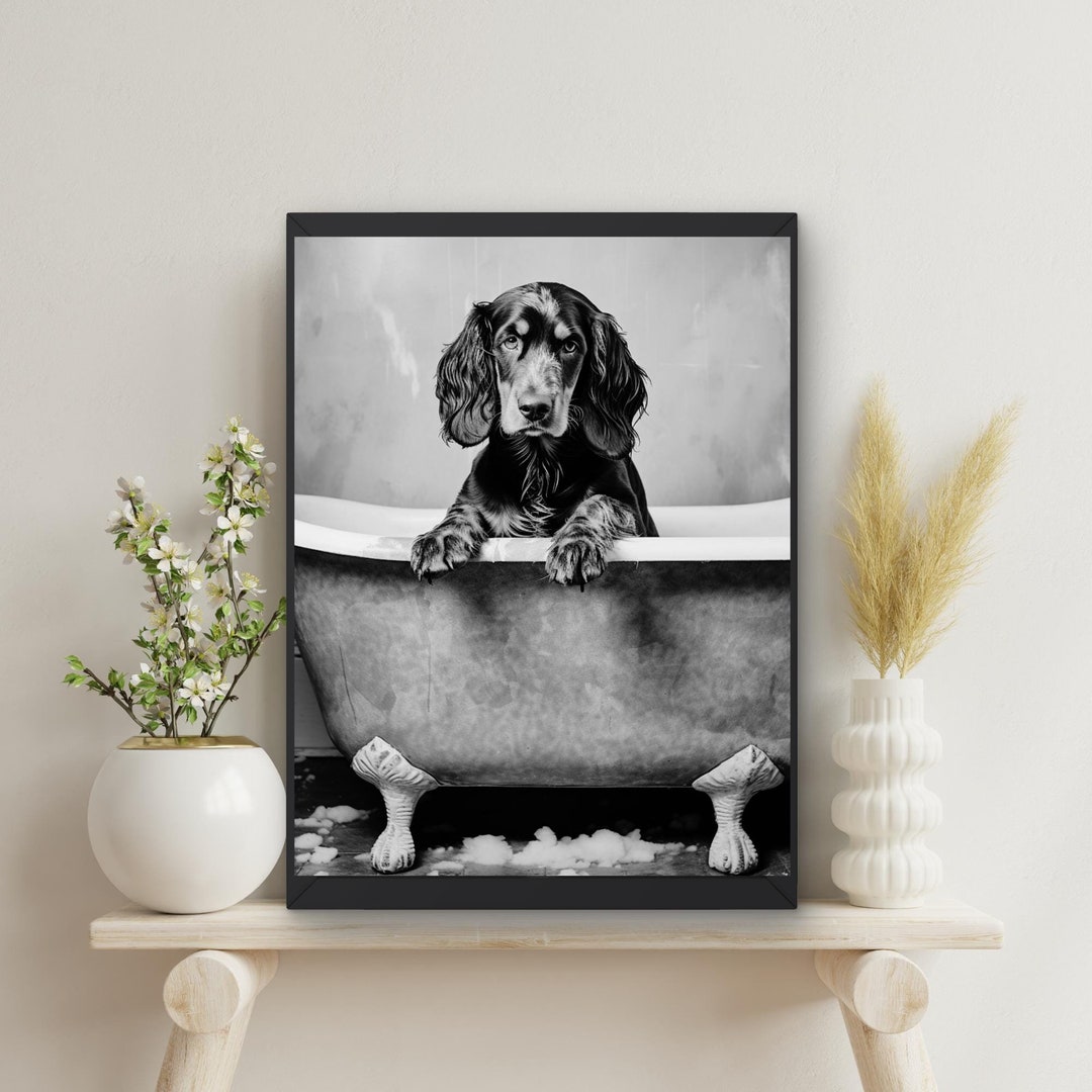 Gordon Setter Dog in Tub Printable Wall Art | Dog Taking a Bubble Bath ...