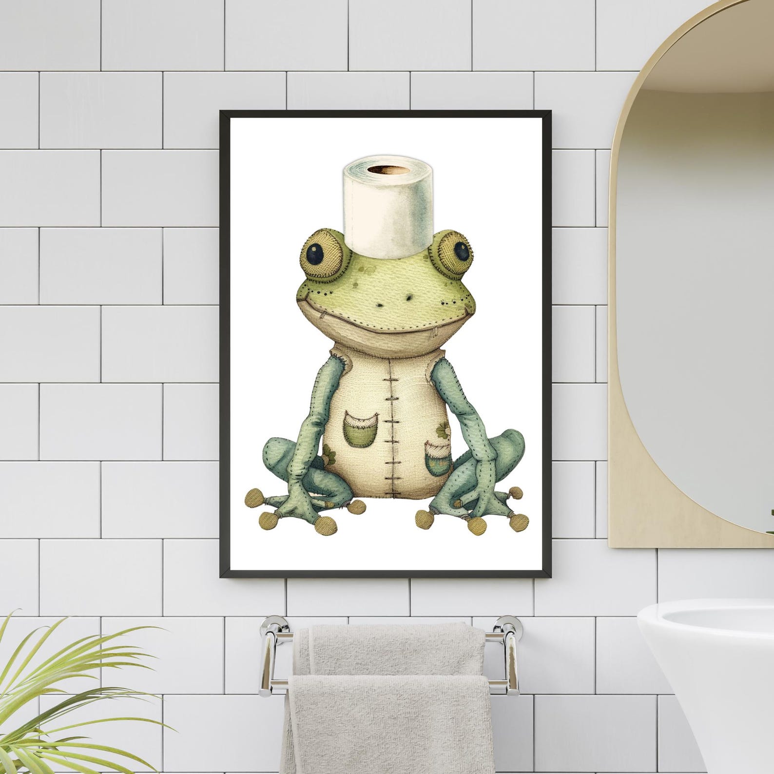 Green Frog Bathroom Wall Art, Frog Quilted Patchwork Sewn Style Print ...