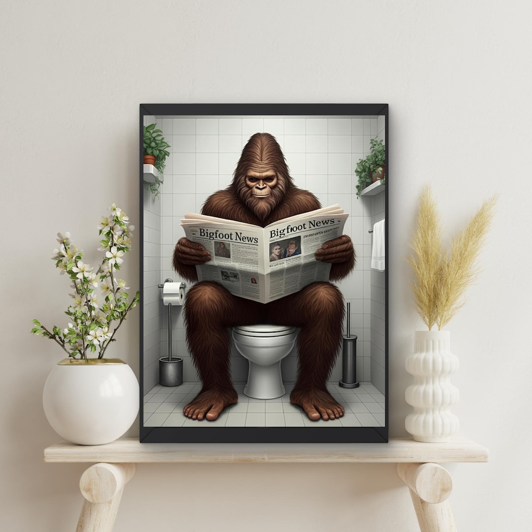 Bigfoot Sitting on Toilet Bathroom Wall Art, Bigfoot Reading Paper ...