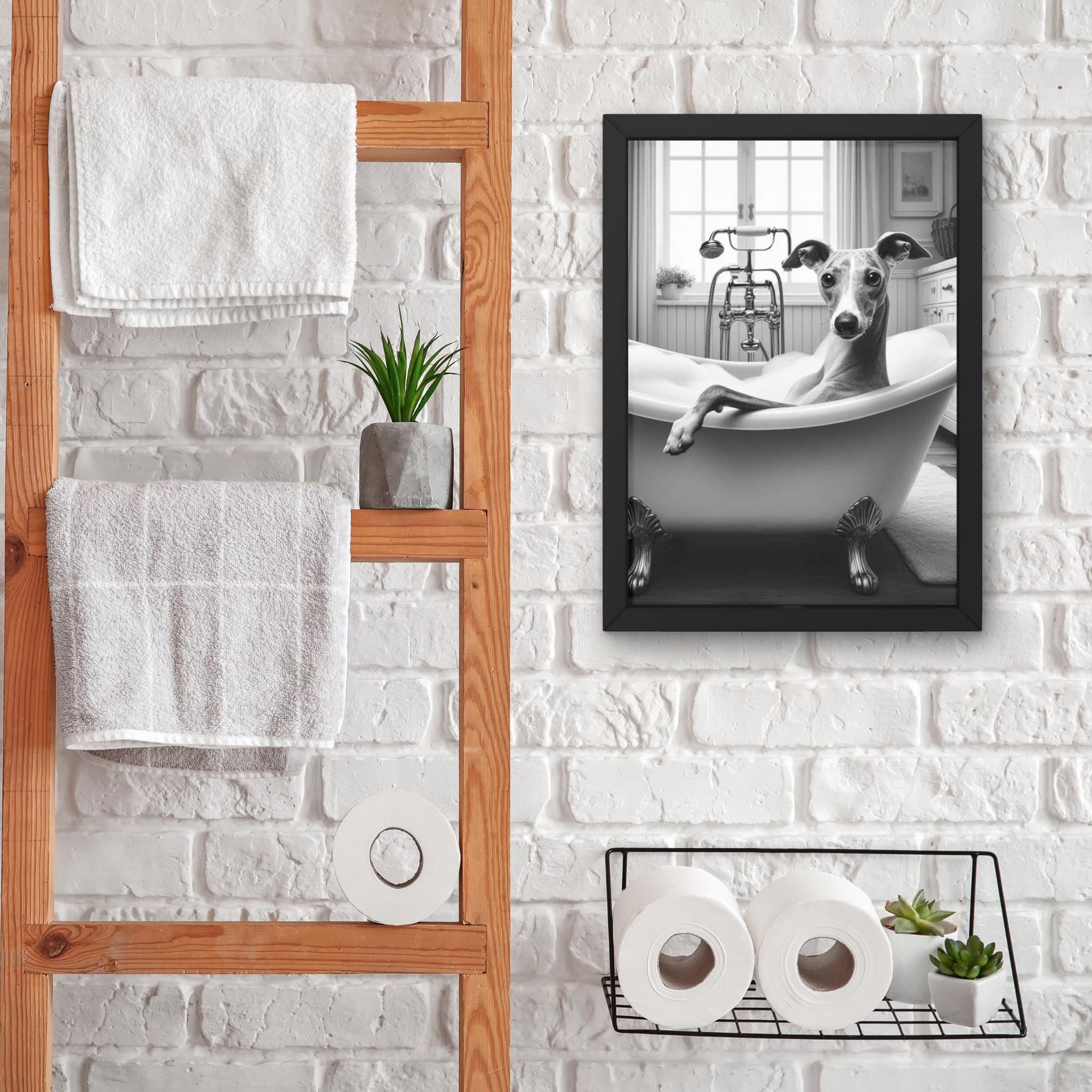 Whippet Dog in Tub Printable Wall Art | Dog Taking a Bubble Bath in ...
