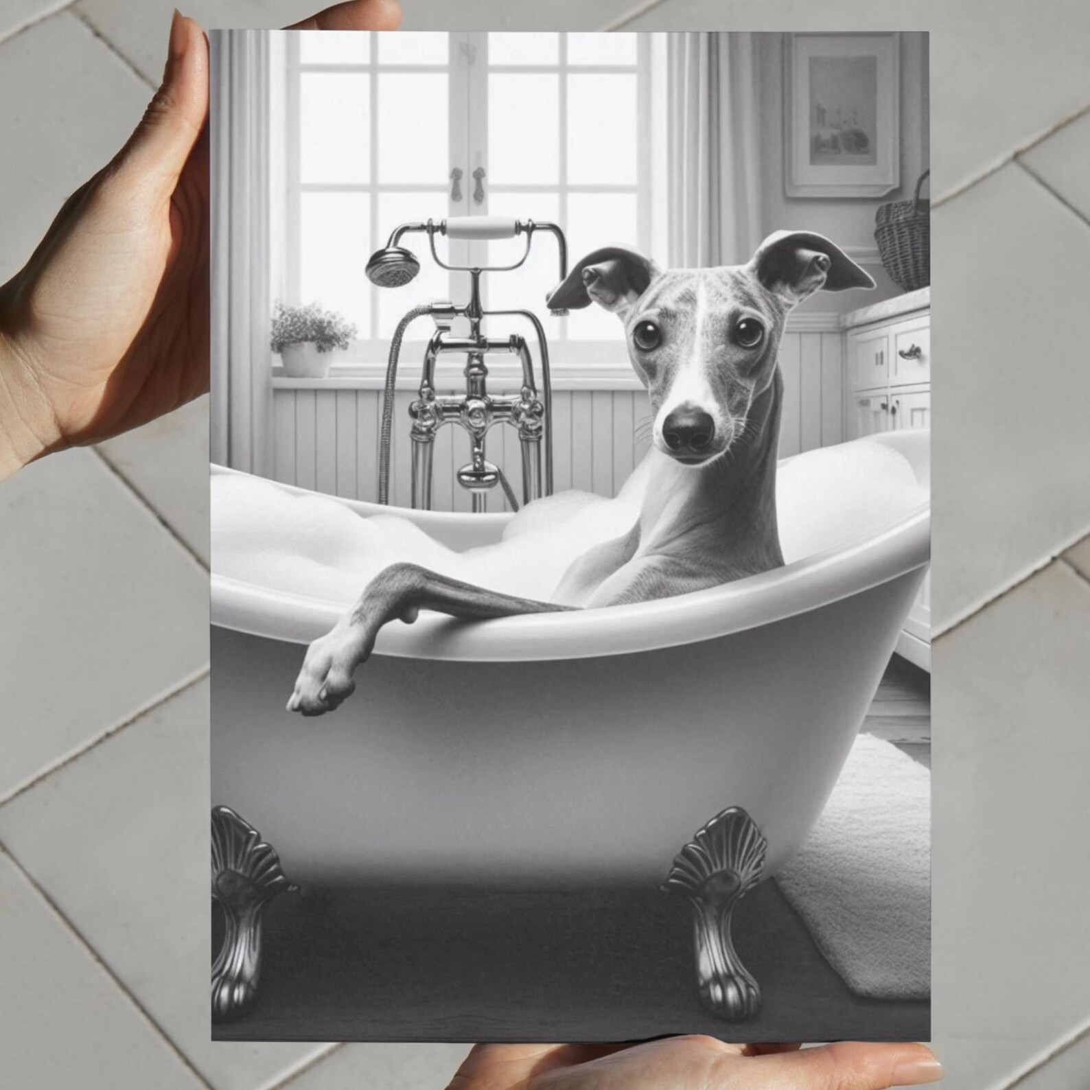 Whippet Dog in Tub Printable Wall Art | Dog Taking a Bubble Bath in ...