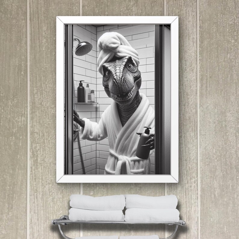 Dinosaur T-rex Bathroom Wall Art, Dino in Bathrobe Taking Shower ...