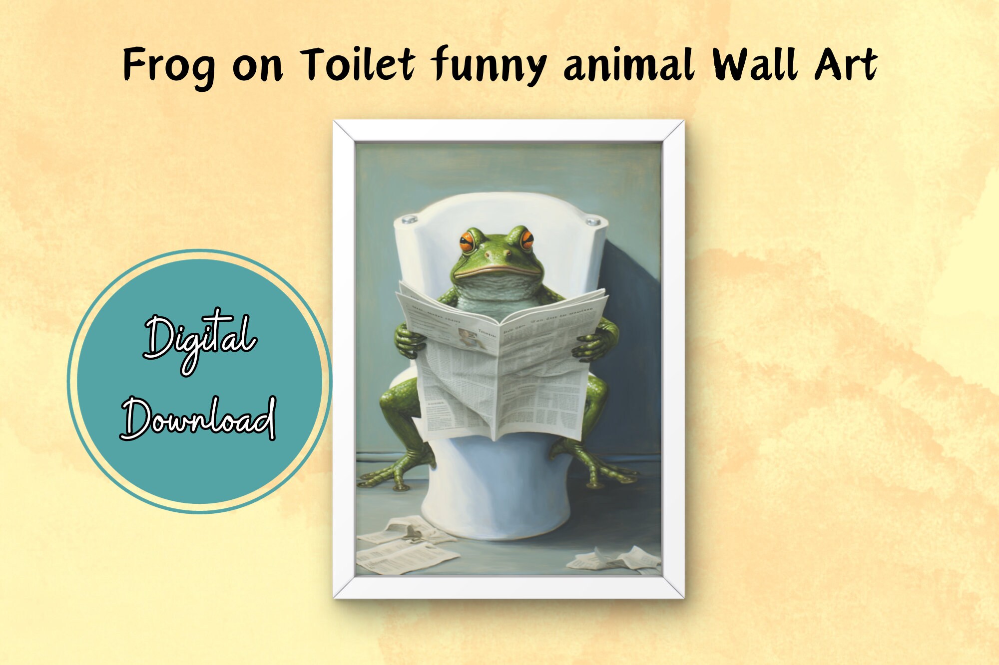 Frog on Toilet Printable Wall Art Frog Reading Paper Frog in Bathroom ...