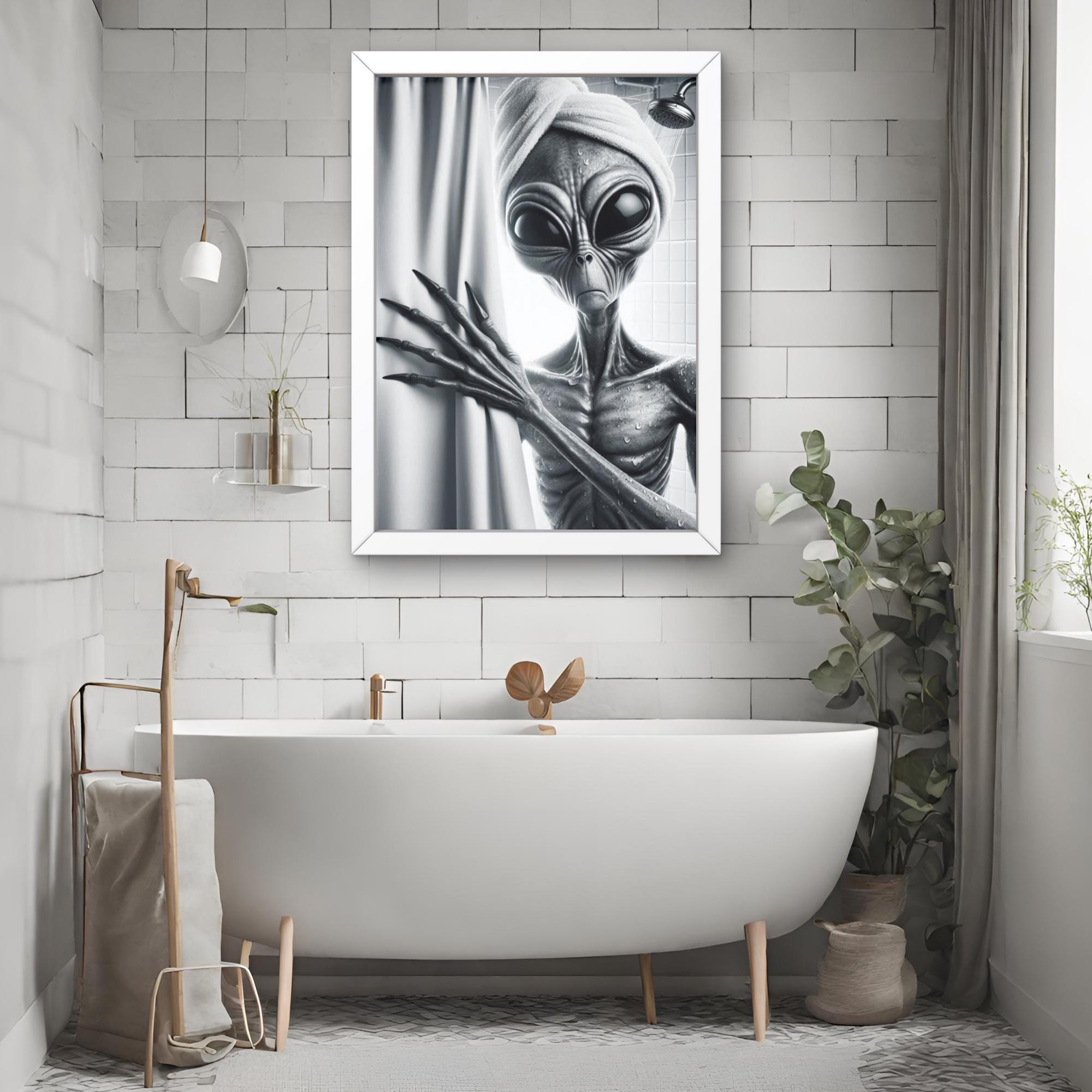 Alien UFO Bathroom Wall Art, Alien Peeking Out of Shower Print, Outer ...