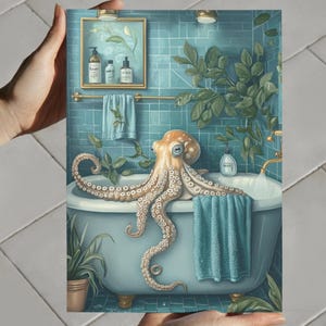 Octopus in Bathtub Printable Wall Art |octopus Taking a Bath in Tub ...