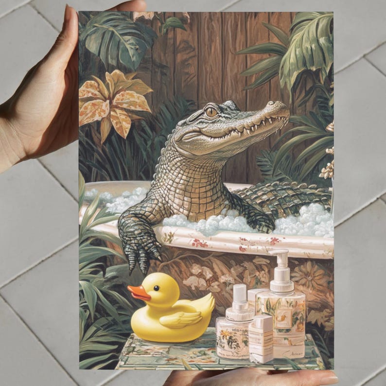 Alligator in Tub Printable Wall Art | Croc Taking a Bubble Bath in ...