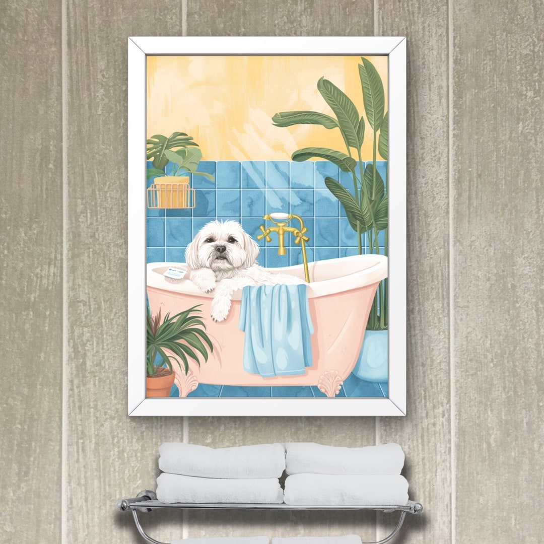 Havanese Dog in Tub Printable Wall Art, Dog Taking a Bath in Tub Print ...
