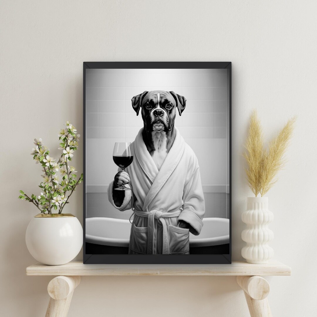 Boxer Dog Bathroom Wall Art, Boxer Having a Glass of Wine, Bar Cart ...