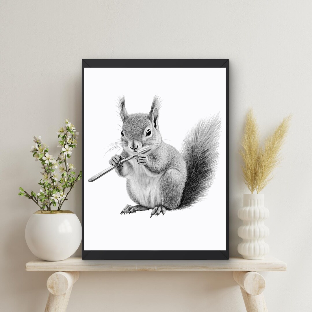 Squirrel Bathroom Wall Art | Brushing Teeth | Squirrel Bathroom Art ...