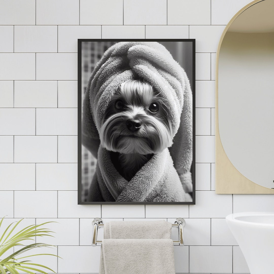 Yorkie Dog Bathroom Decor, Yorkshire Terrier Wall Art, Dog in Bathrobe ...