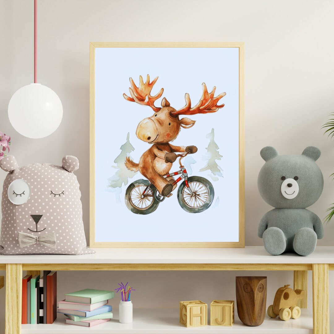 Baby Moose Riding Bike Printable Wall Art Moose Biking Nursery Decor ...