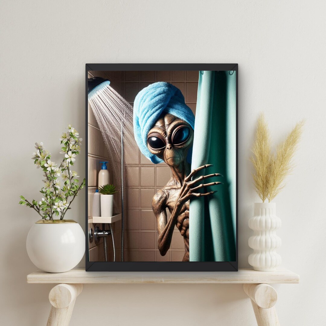 Alien UFO Bathroom Wall Art, Alien Peeking Out of Shower, Outer Space ...