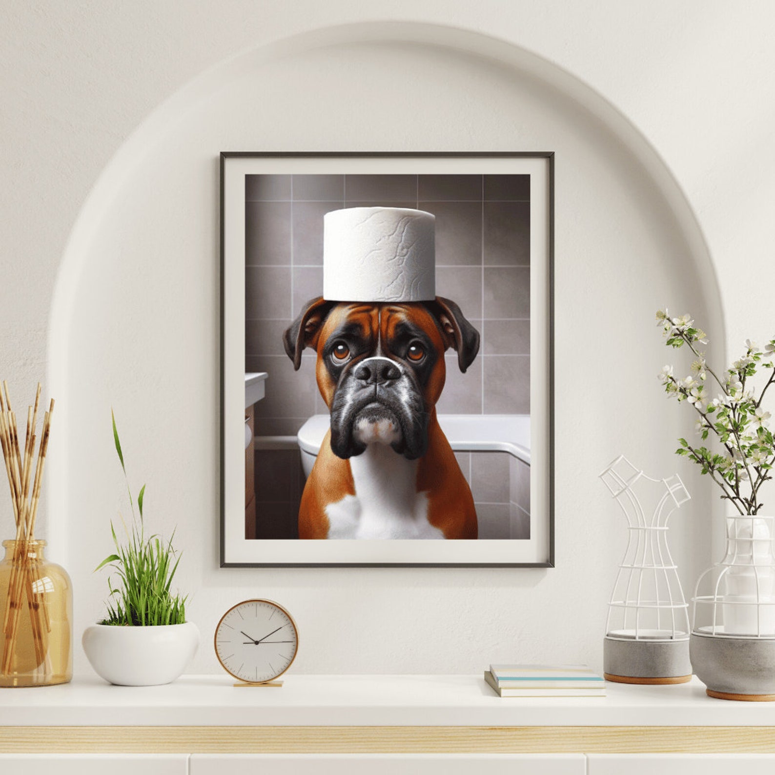 Boxer Dog Bathroom Wall Art, Dog With Toilet Paper on Head Wall Decor ...