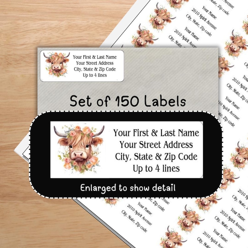 Set of 150 Highland Cow Calf Baby Flowers Floral Return Mailing Address ...