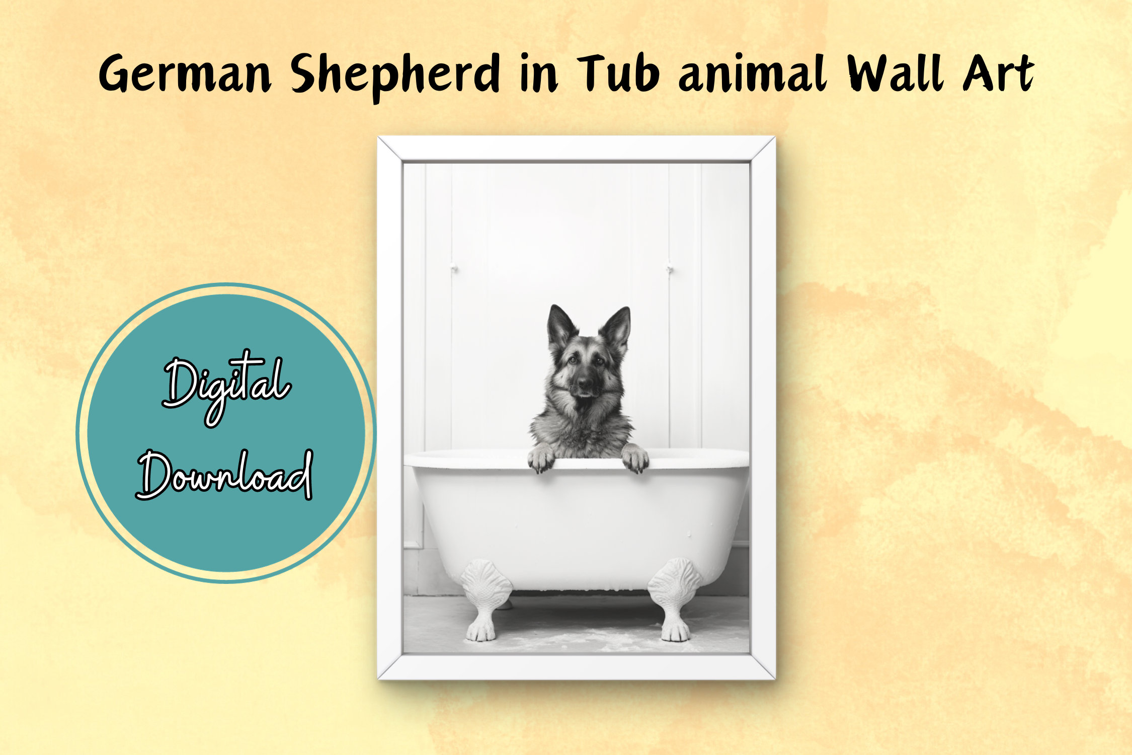 German Shepherd Dog in Tub Printable Wall Art | Dog Taking a Bath in ...