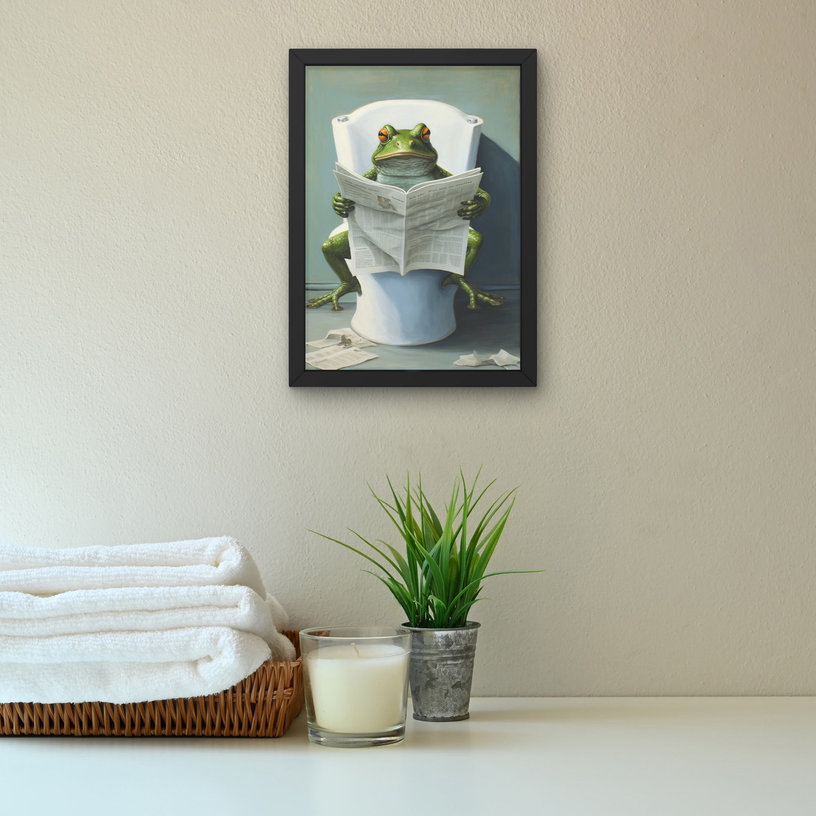 Frog on Toilet Printable Wall Art Frog Reading Paper Frog in Bathroom ...
