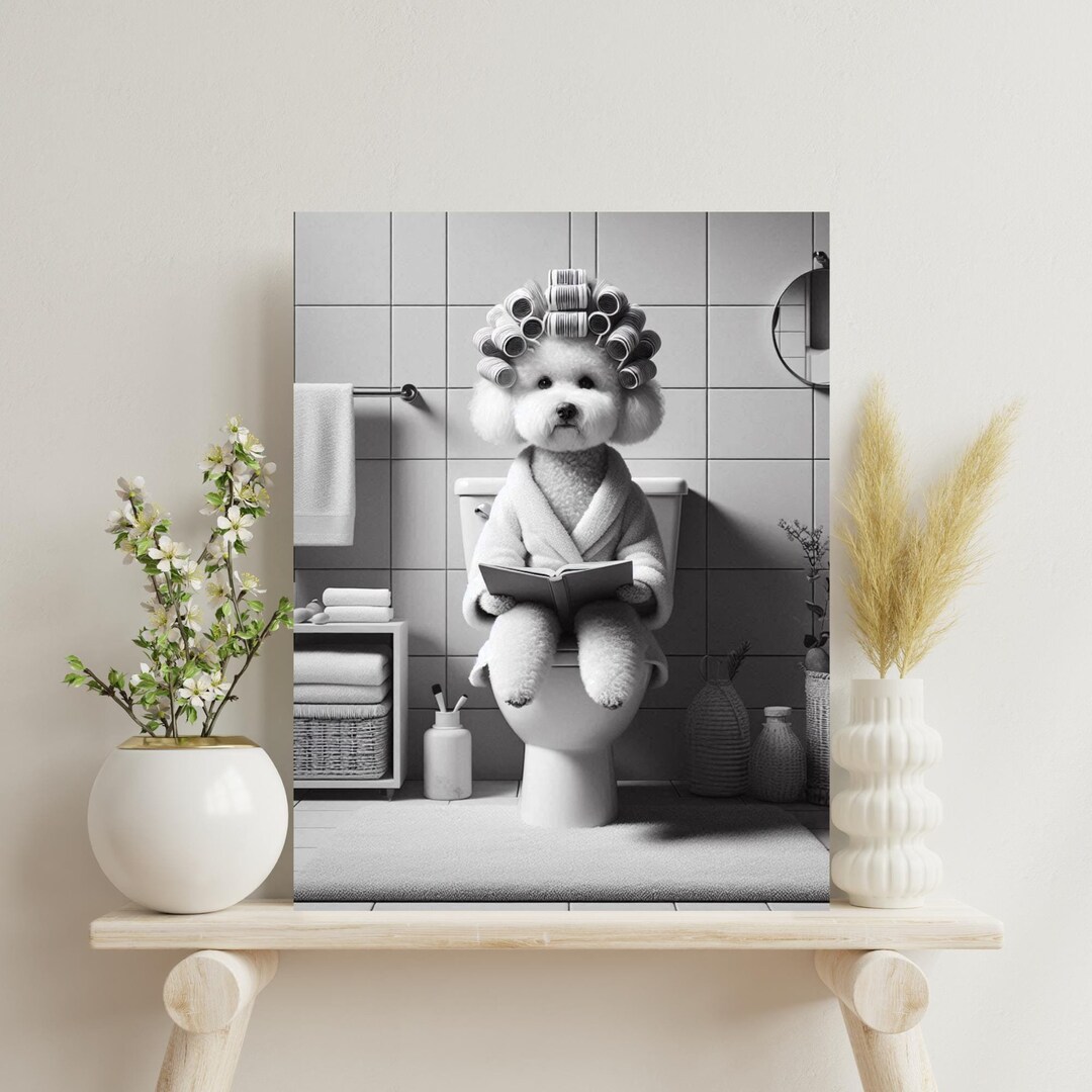 Bichon Frise Dog in Bathroom Wall Art, Bichon Frise on Toilet Reading ...