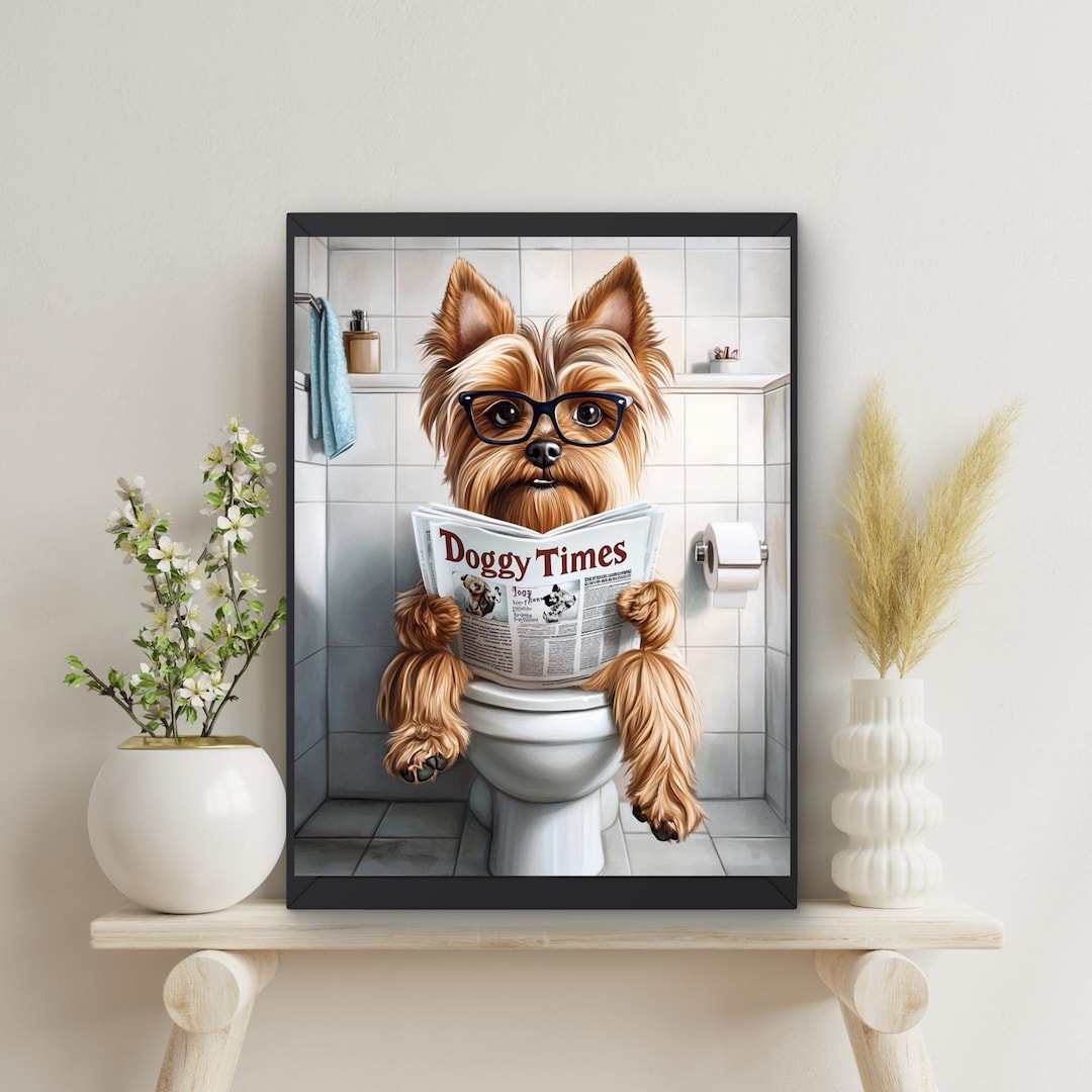 Yorkshire Terrier in Toilet Bathroom Wall Art, Yorkie Dog Reading ...
