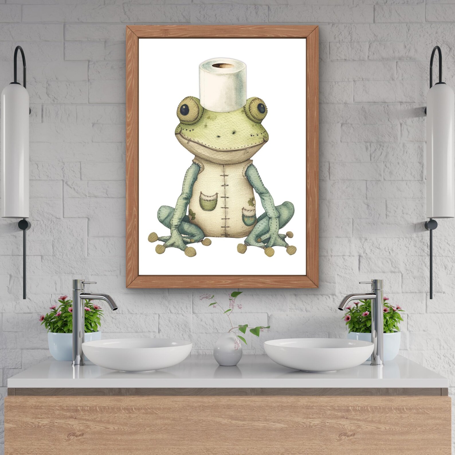 Green Frog Bathroom Wall Art, Frog Quilted Patchwork Sewn Style Print ...