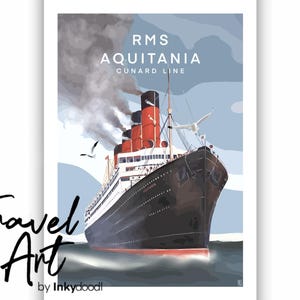 Ocean Liner Poster: RMS Aquitania Retro Travel Art - Nautical Wall ...