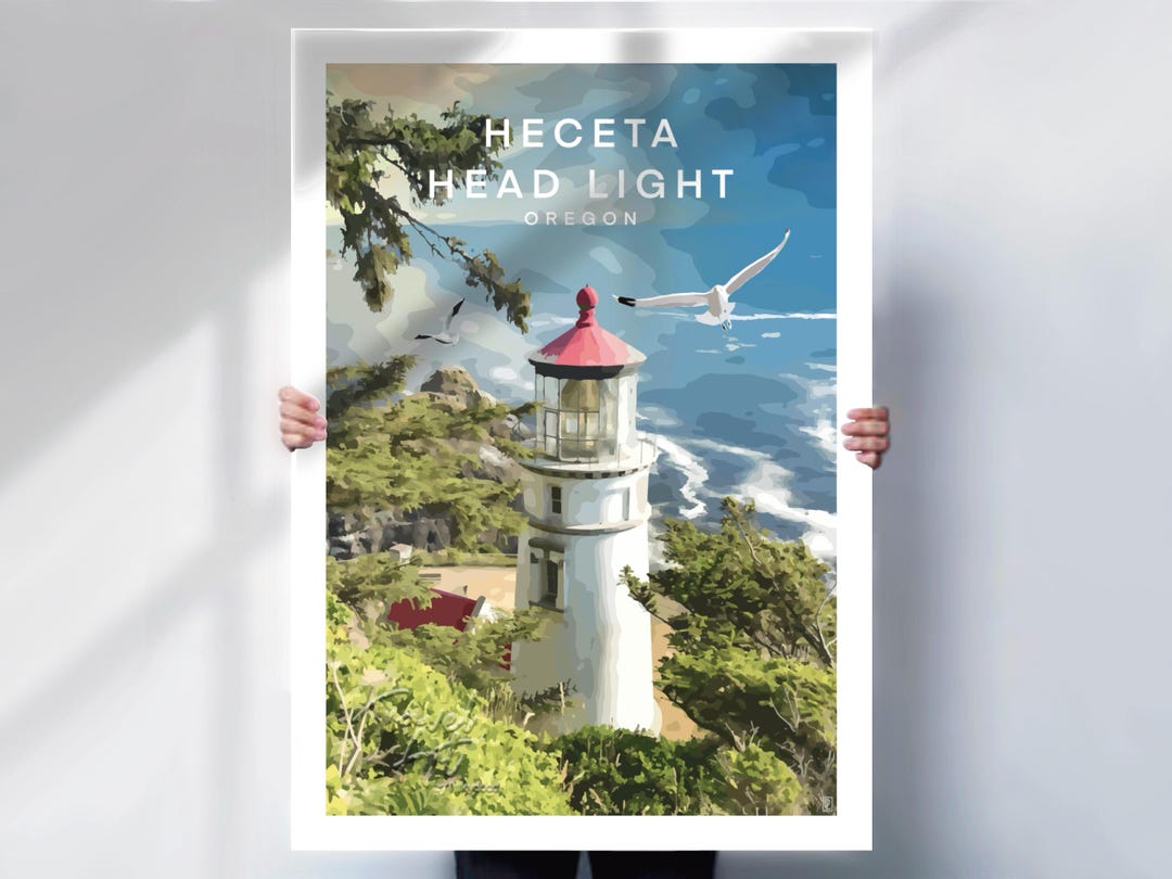 Heceta Head Light Print, Lighthouse Poster, Oregon Travel Art Poster ...