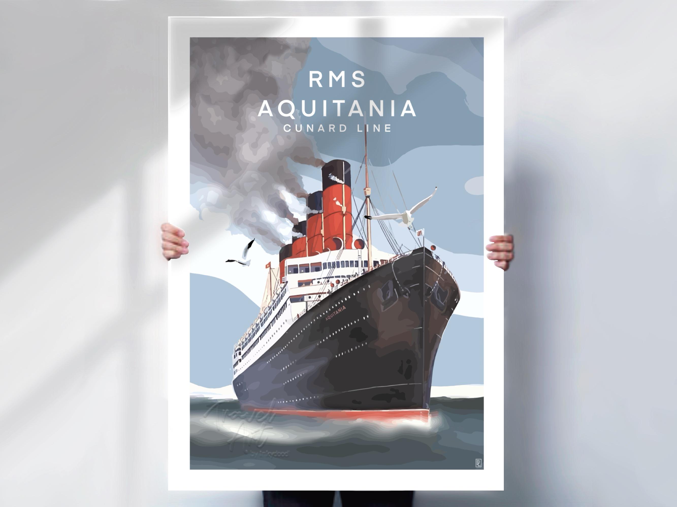 Ocean Liner Poster: RMS Aquitania Retro Travel Art - Nautical Wall ...