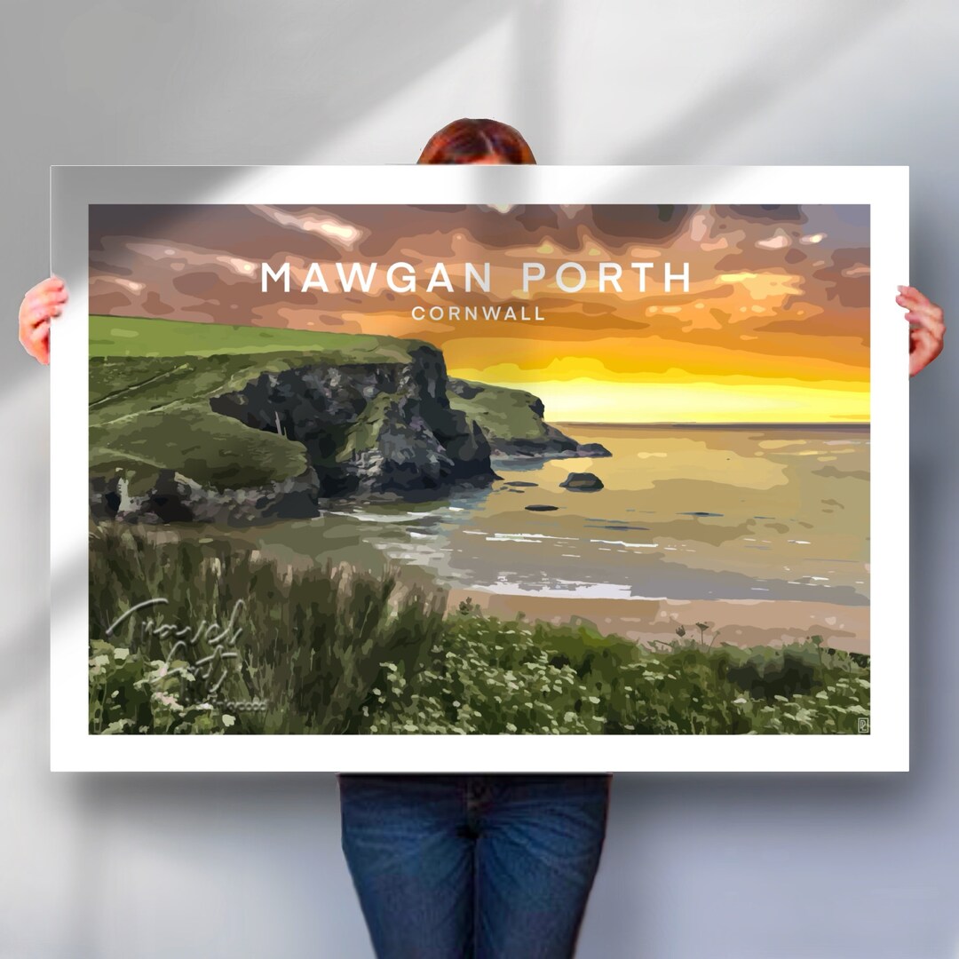 Cornwall Travel Print , Mawgan Porth Print , Cornwall Poster , Retro ...