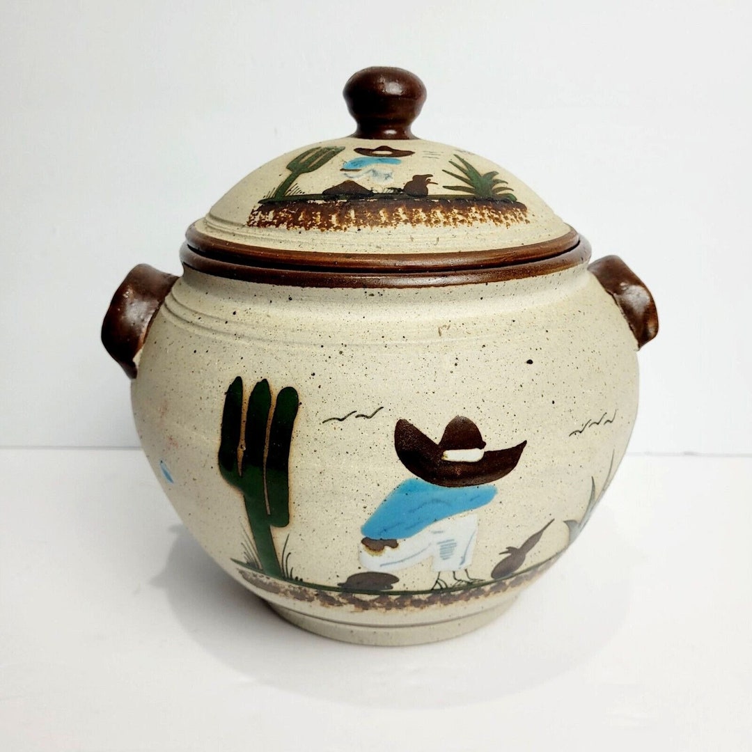 Mexican Sandstone Bean Pot With Lid Hand Painted Mexico Vintage 1994 9 ...