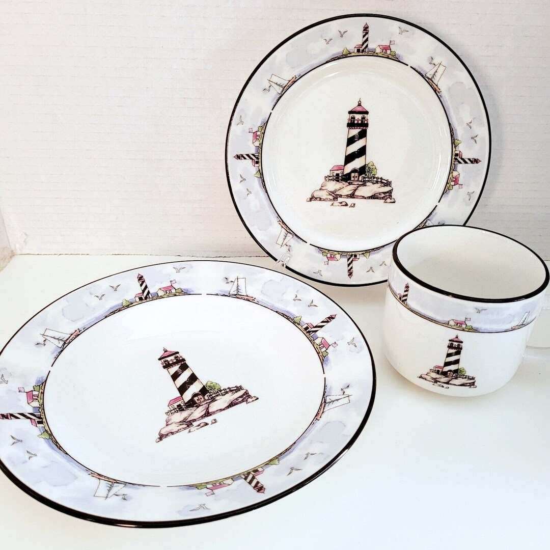 3 Pc Totally Today Coastal Lighthouse Dinnerware Set Bowl Salad/bread ...
