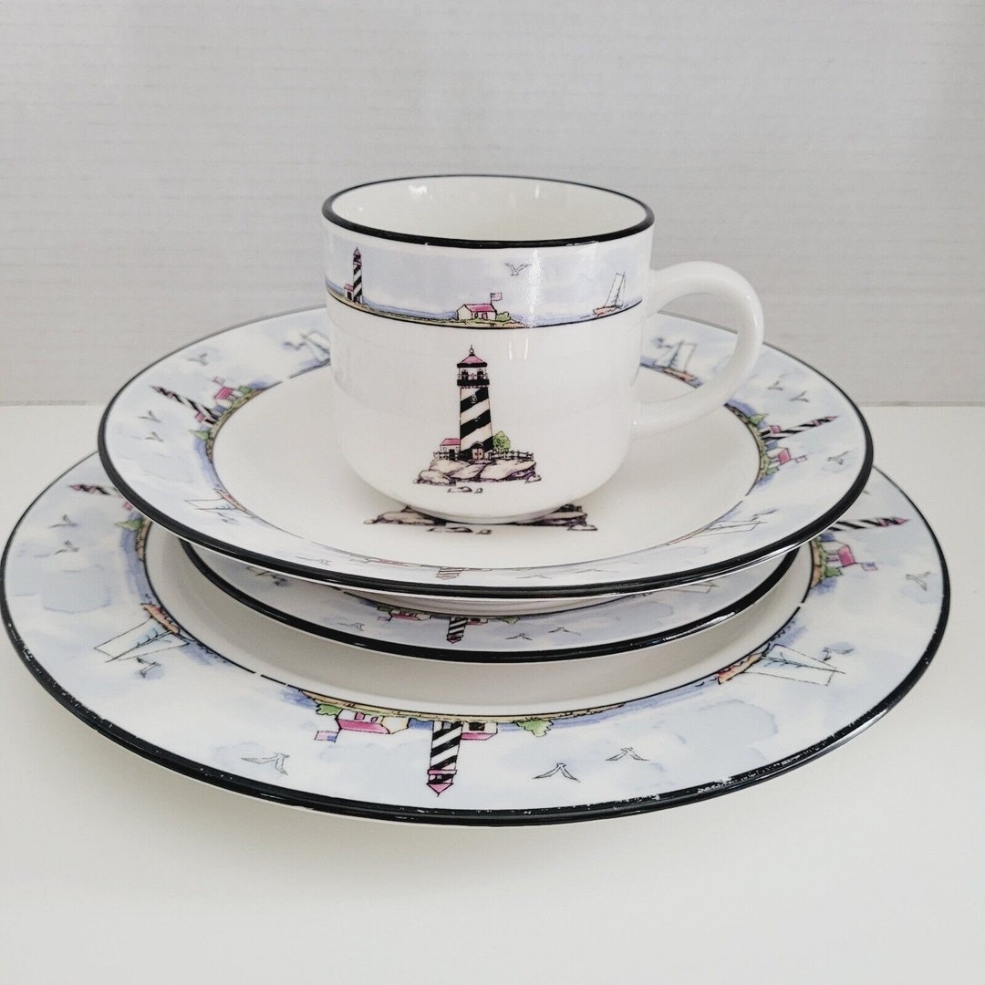 4 Pc Totally Today Coastal Lighthouse Dinnerware Set Dinner Salad Plate ...