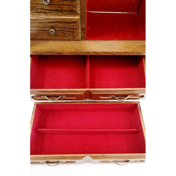 Vintage Wood Jewelry Box Chest Glass Door Mirror Draw Gem