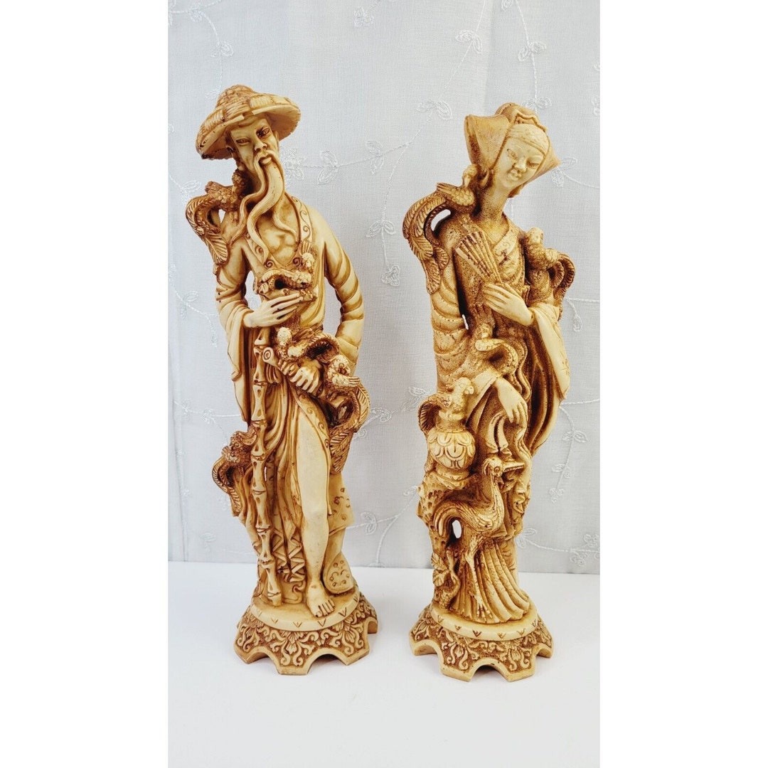 2 Pc Vintage ARTMARK Asian Resin Figures Pair Chinese Statues Art Decor ...