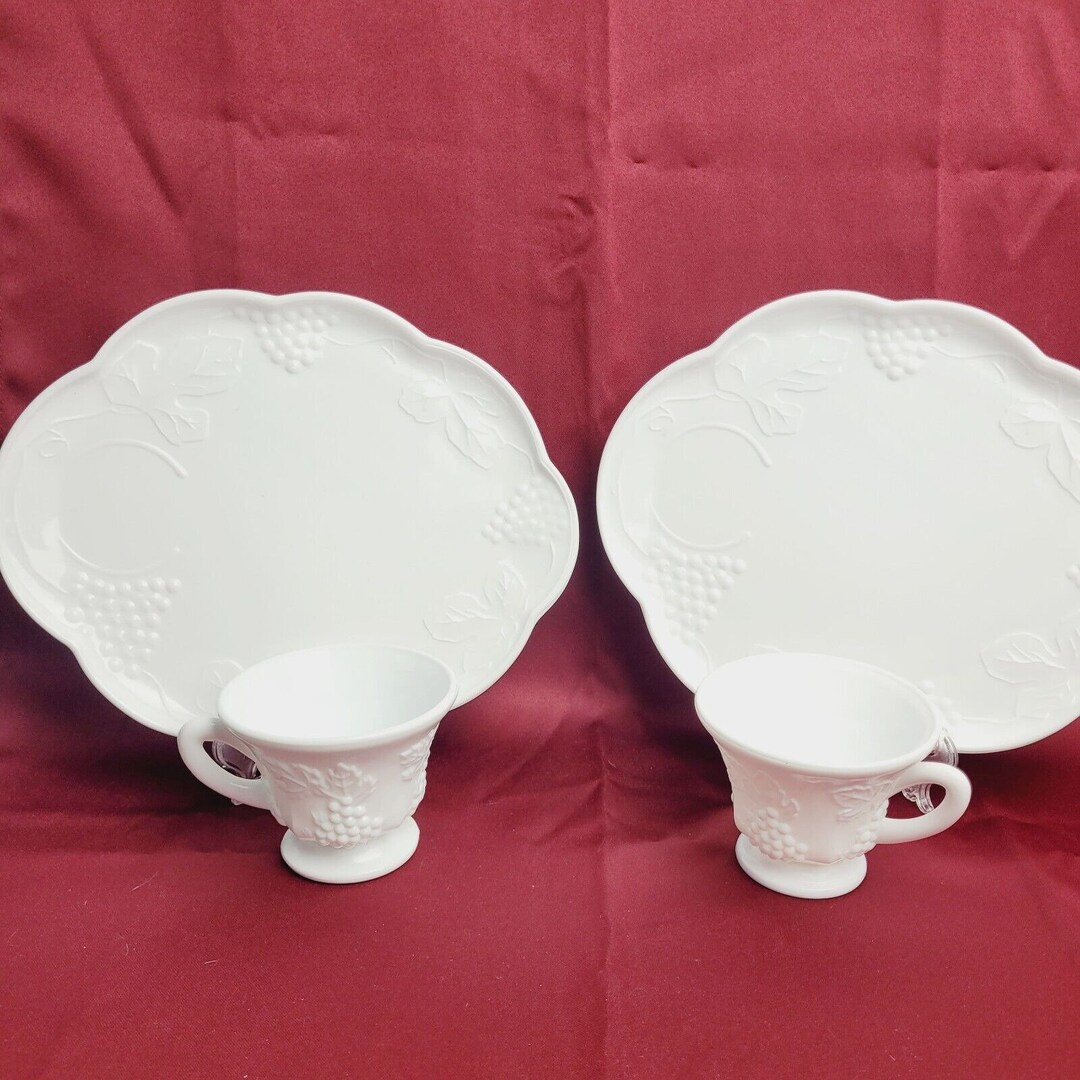 2 Sets 4 Piece Colony Harvest Milk Glass Snack Set Tea Cups Plates ...