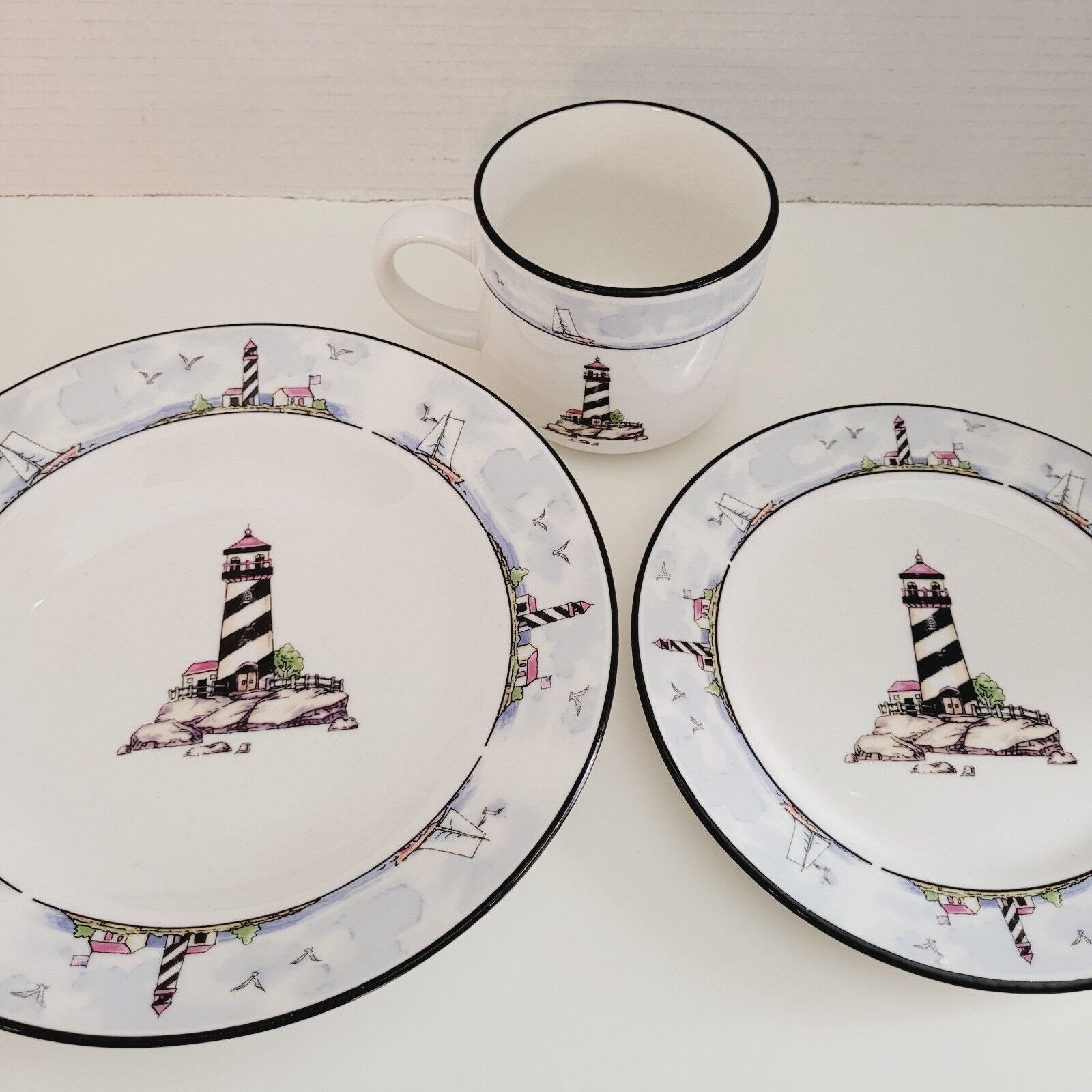3 Pc Totally Today Coastal Lighthouse Dinnerware Set Bowl Salad/bread ...