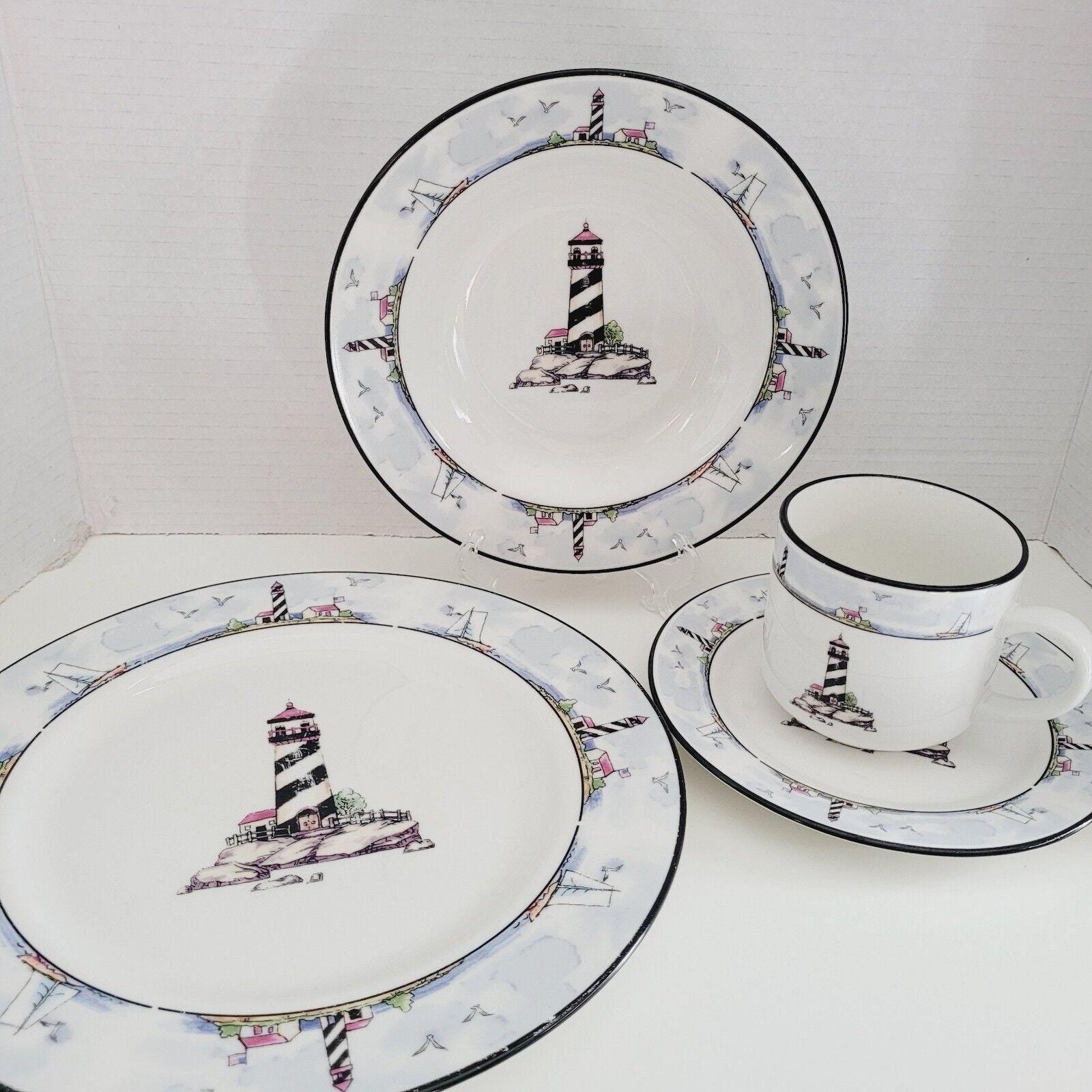 4 Pc Totally Today Coastal Lighthouse Dinnerware Set Dinner Salad Plate ...